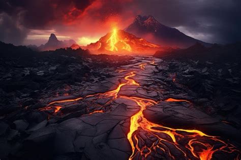 Lava Curved Path Eruption Volcano Nature Premium Ai Generated Image