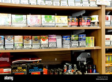 Selection Of Cigarettes And Tobacco Products On Sale In A Tobacconist