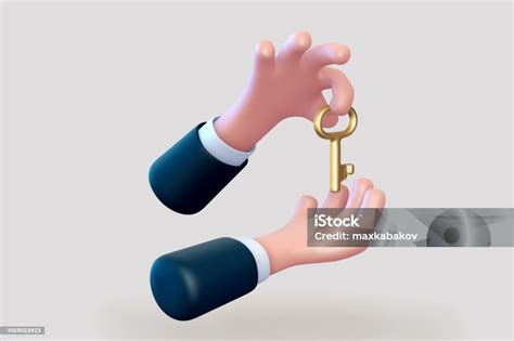 성공의 황금 열쇠를 들고 있는 3d 만화 사업가 사업 개발의 성공을위한 핵심 요소의 개념 밝은 배경에 황금 열쇠를 주는 남자 손의 이모티콘 아이콘 3차원 형태에 대한 스톡