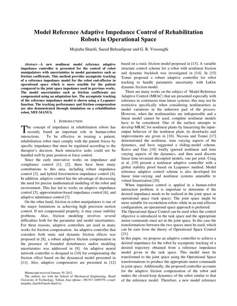 Pdf Model Reference Adaptive Impedance Control Of Rehabilitation Robots In Operational Space
