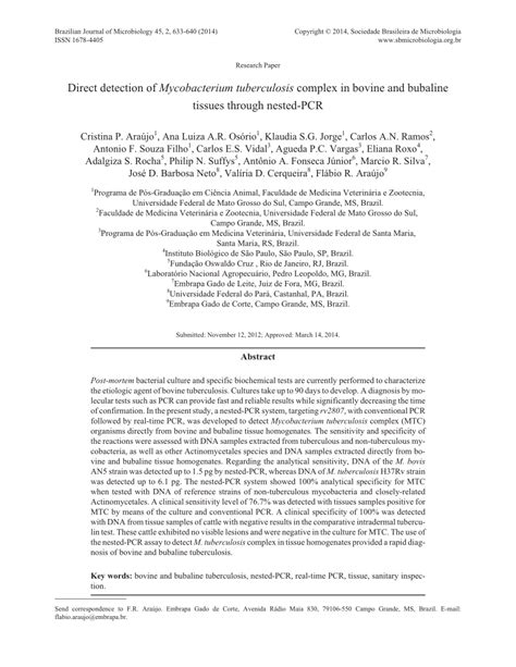 Pdf Direct Detection Of Mycobacterium Tuberculosis Complex In Bovine
