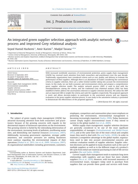 Pdf An Integrated Green Supplier Selection Approach With Analytic Network Process And Improved