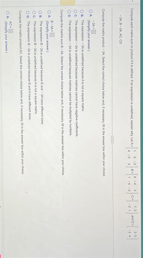 Solved Compute Each Matrix Sum Or Product If It Is Defined