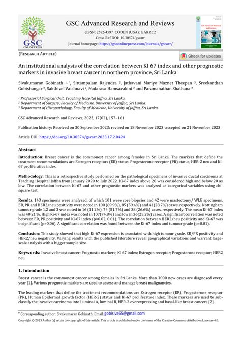 Pdf An Institutional Analysis Of The Correlation Between Ki 67 Index And Other Prognostic
