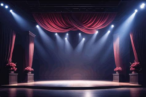 빨간색 커튼과 스포트라이트가 있는 빈 콘서트 홀 3d 렌더링 빨간색 연기가 있는 빈 콘서트 무대 프리미엄 벡터