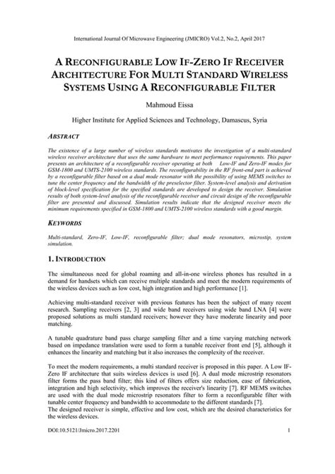 A Reconfigurable Low If Zero If Receiver Architecture For Multi
