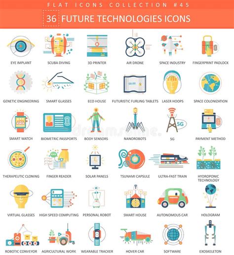 Vector Future Technology Color Flat Icon Set Elegant Style Design