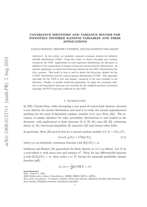Pdf Covariance Identities And Variance Bounds For Infinitely Divisible Random Variables And