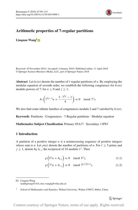 Arithmetic Properties Of 7 Regular Partitions Request Pdf