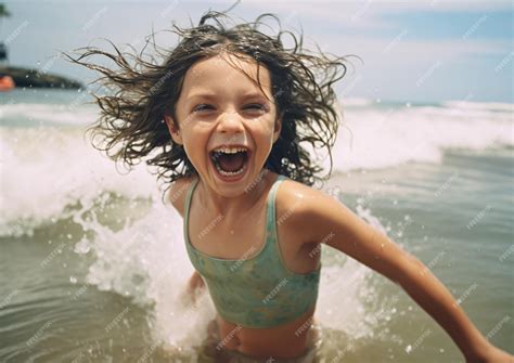 Premium Photo Joyful Girl Splashing Water At The Beach Happy Summer Day