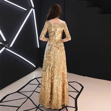 Elegant Golden Floral Embroidered Evening Gown Dress On Luulla