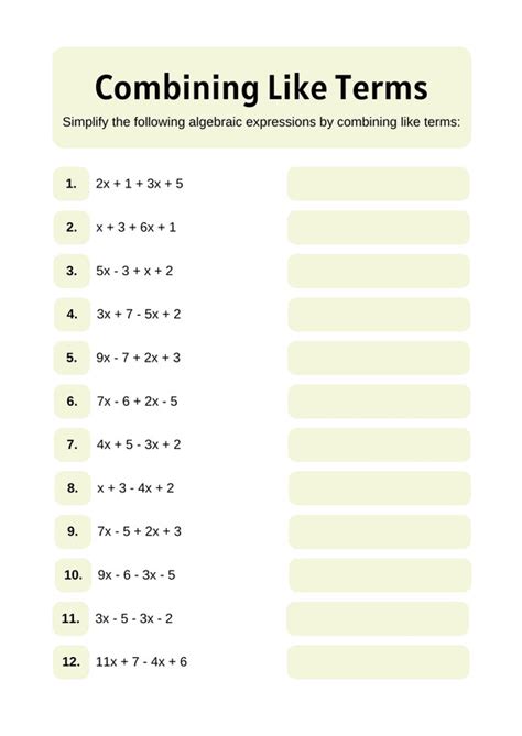 Free Custom Combining Like Terms Worksheet Templates Canva