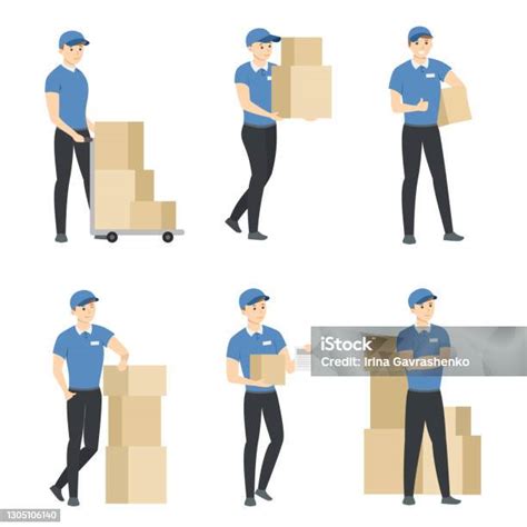 배달 서비스 노동자 우체부 로더 종이 상자를 가진 사람 벡터 일러스트레이션 창고에 대한 스톡 벡터 아트 및 기타 이미지 창고 행복 계단 Istock