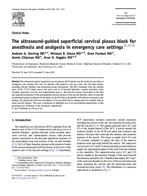 Pdf The Ultrasound Guided Superficial Cervical Plexus Block For Anesthesia And Analgesia In