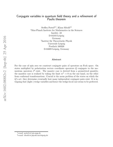 Pdf Conjugate Variables In Quantum Field Theory And A Refinement Of Paulis Theorem