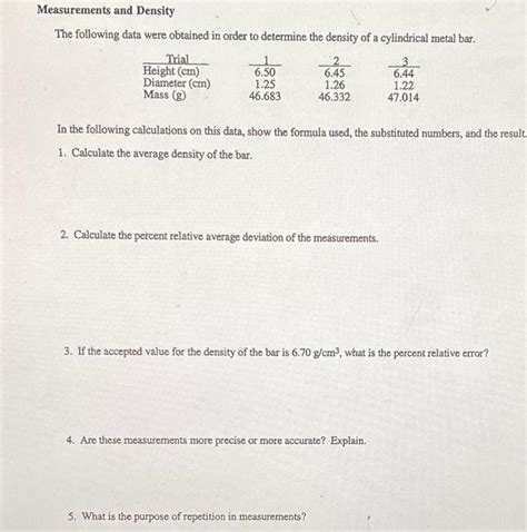 Solved Measurements And Density The Following Data Were Chegg
