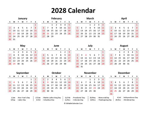 Download Printable 2028 Calendar Word Pdf Version
