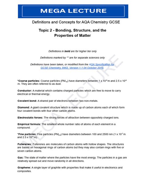 Definitions Topic 2 Bonding Structure And The Properties Of Matter Aqa Chemistry Gcse 1 Pdf