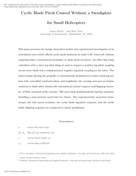 Pdf Cyclic Blade Pitch Control Without A Swashplate For … Cyclic Blade Pitch Control Without