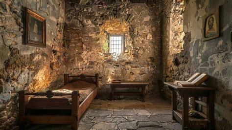 Simple Monks Cell In A Monastery Sunlit Rustic Room With Stone Walls