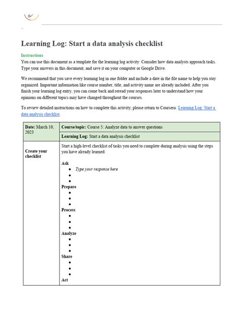 Learning Log Template Start A Data Analysis Checklist Pdf