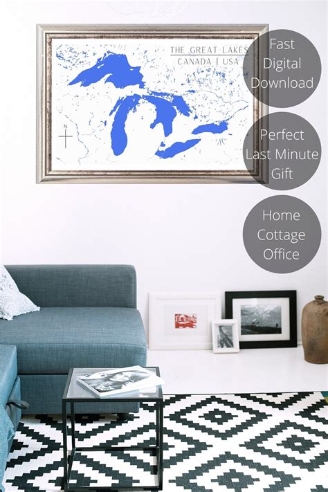 Great Lakes Map Digital Map Print Modern Wall Art Map Art T