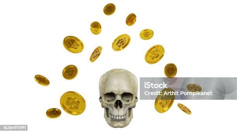 흰색 배경에 인간의 두개골이 있는 황금 동전의 3d 렌더링 돈 죽음의 덫 개념 두개골에 대한 스톡 사진 및 기타 이미지 두개골 통화 개념 Istock