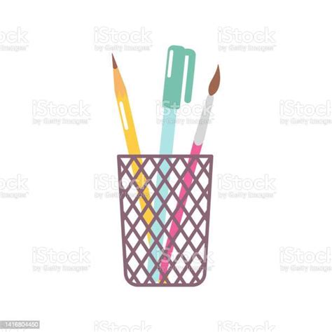 문구 컵에 자료를 씁니다 펜 연필 및 브러시 흰색 배경에 벡터 플랫 일러스트 레이 션 공부에 대한 스톡 벡터 아트 및 기타