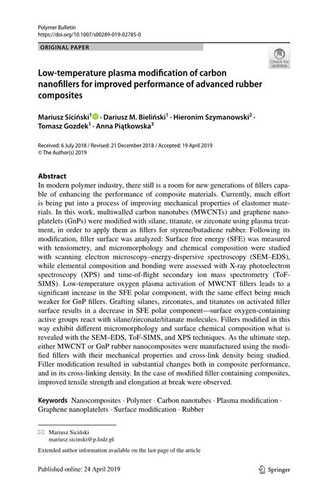 Pdf Low‑temperature Plasma Modification Of Carbon Nanofillers For