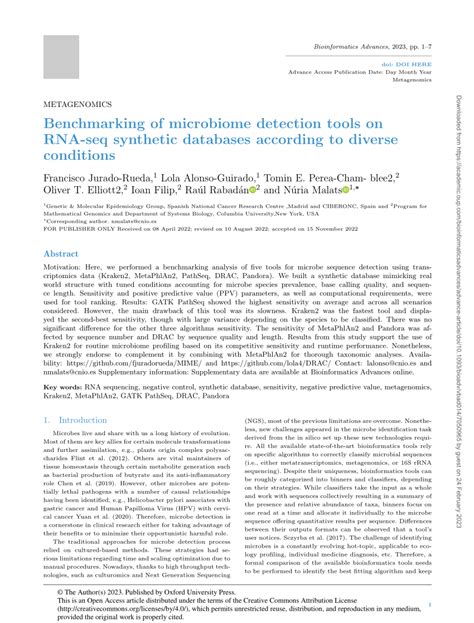 pdf benchmarking of microbiome detection tools on rna seq synthetic databases according to