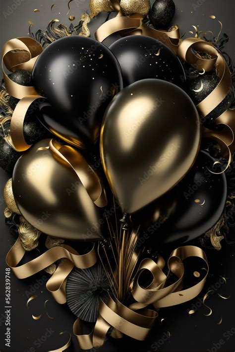 A Bunch Of Black And Gold Balloons On A Black Background A Visual