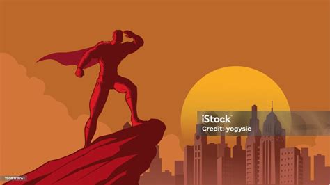 벡터 레트로 아르데코 스타일의 슈퍼히어로가 도시 스톡 일러스트레이션에서 멀리 떨어진 실루엣을 보고 있다 감시에 대한 스톡 벡터 아트 및 기타 이미지 Istock
