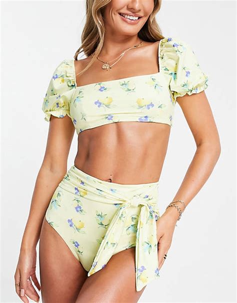 Asos Design Puff Sleeved Bikini Top In Lemon Print Asos