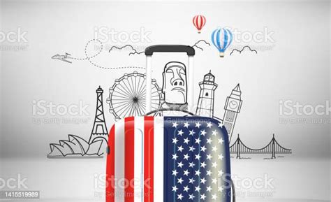 여행 가방과 유명한 기념물이있는 세계 여행 개념 벡터 일러스트 레이 션 3차원 형태에 대한 스톡 벡터 아트 및 기타 이미지