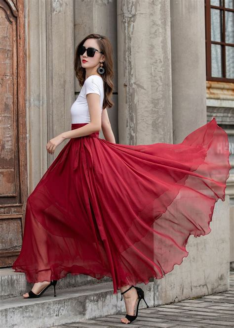 Red Summer Swing Chiffon Maxi Skirt Circle Long Chiffon Skirt Etsy