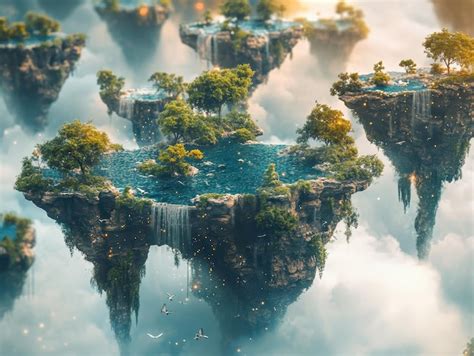 Floating Islands Connected By Shimmering Magical Bridges Of Light Premium AI Generated Image