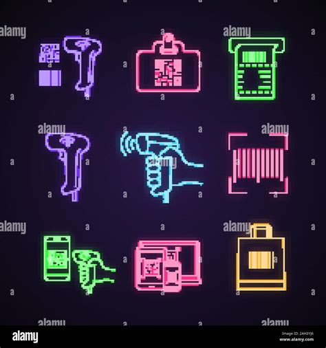 Barcodes Neon Light Icons Set Handheld Barcode Scanner Id Badge ATM