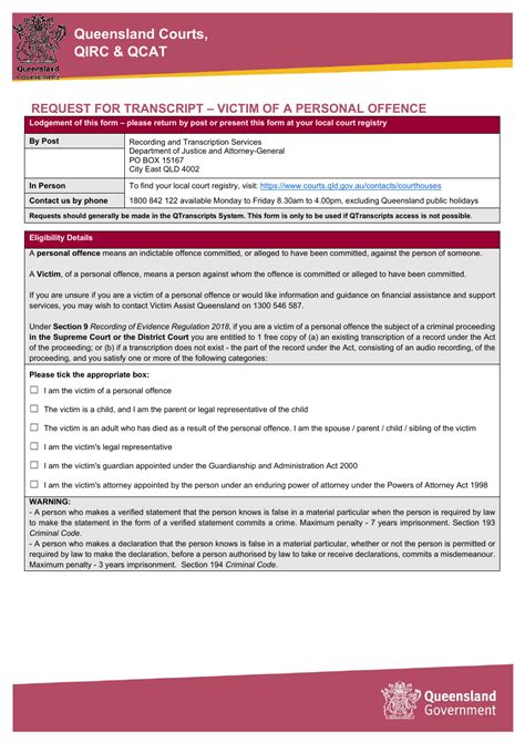 Queensland Australia Request For Transcript Victim Of A Personal Offence Fill Out Sign