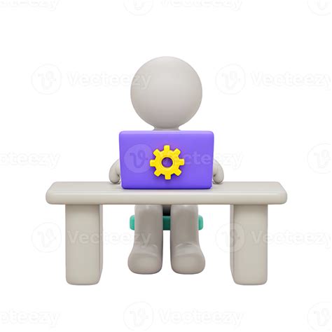 3d Icon Figure At Desk With Laptop Showing Gear Represents Office Work