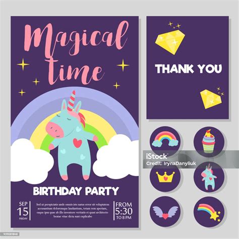 귀여운 유니콘 아기 생일 파티 카드 벡터 일러스트 마법의 무지개 환상 요정 아름 다운 동화 아트 디자인 귀여운에 대한 스톡 벡터 아트 및 기타 이미지 Istock