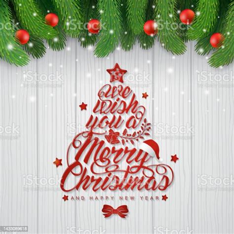 메리 크리스마스와 새해 복 많이 받으세요 타이포그래피 산타스 모자 크리스마스 트리 반짝이는 공 별을 걸고 리본과 전단지 포스터 웹 배너 및 카드 벡터 일러스트 레이 션을위한