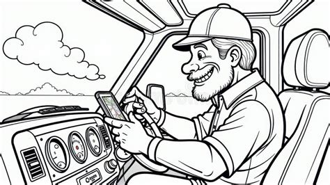 Happy Man Using GPS Navigation In His Truck Black And White Illustration Stock Illustration