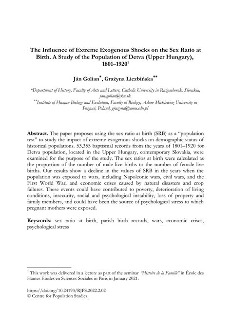 Pdf The Influence Of Extreme Exogenous Shocks On The Sex Ratio At
