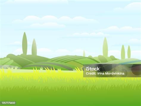 시골 잔디 밭 야채와 잔디 언덕 포플러와 농장 귀여운 풍경 재미있는 만화 디자인 일러스트레이션 여름 예쁜 하늘 플랫 스타일 벡터 0명에 대한 스톡 벡터 아트 및 기타 이미지