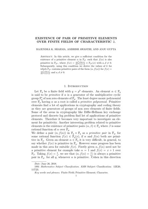 Pdf Existence Of Pair Of Primitive Elements Over Finite Fields Of Characteristic 2
