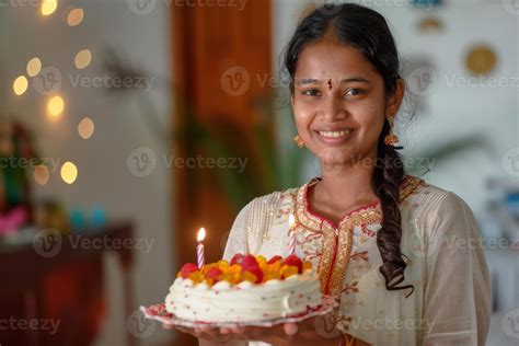 Young Indian Woman Holding A Birthday Cake Celebrating With Joyful And