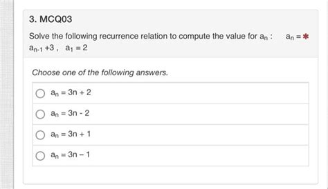 solved solve the following recurrence relation to compute