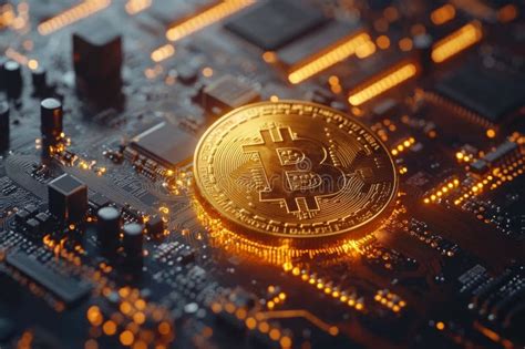 Golden Bitcoin Standing On A Computer Circuit Board With Glowing