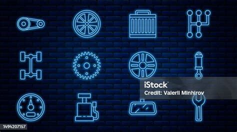 세트 라인 렌치 스패너 쇼크 업소버 자동차 라디에이터 냉각 시스템 기어 섀시 자동차 타이밍 벨트 키트 알로이 휠 및 아이콘 벡터 가장자리에 대한 스톡 벡터 아트 및 기타