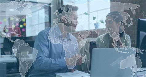 Image Of Data Processing And World Map Over Diverse Man And Woman Discussing At Office Stock